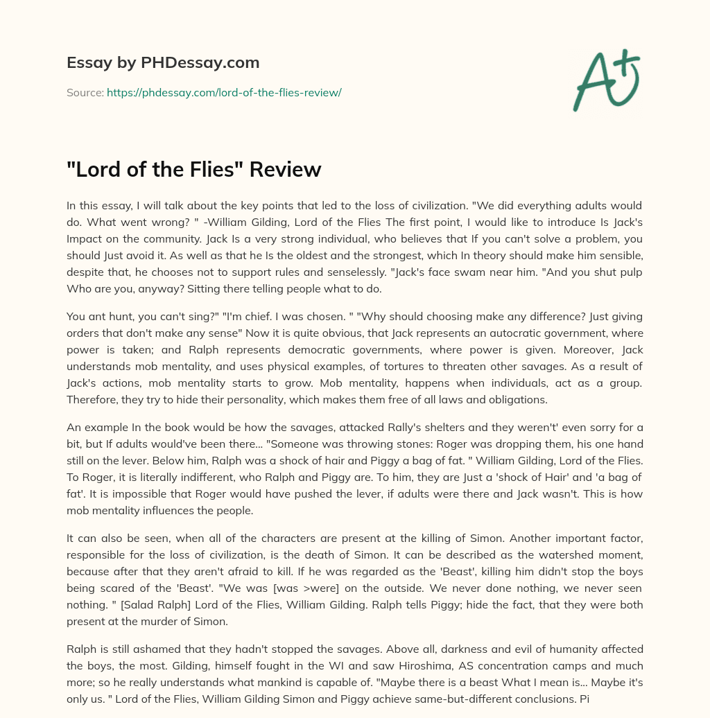 "Lord of the Flies" Review - PHDessay.com