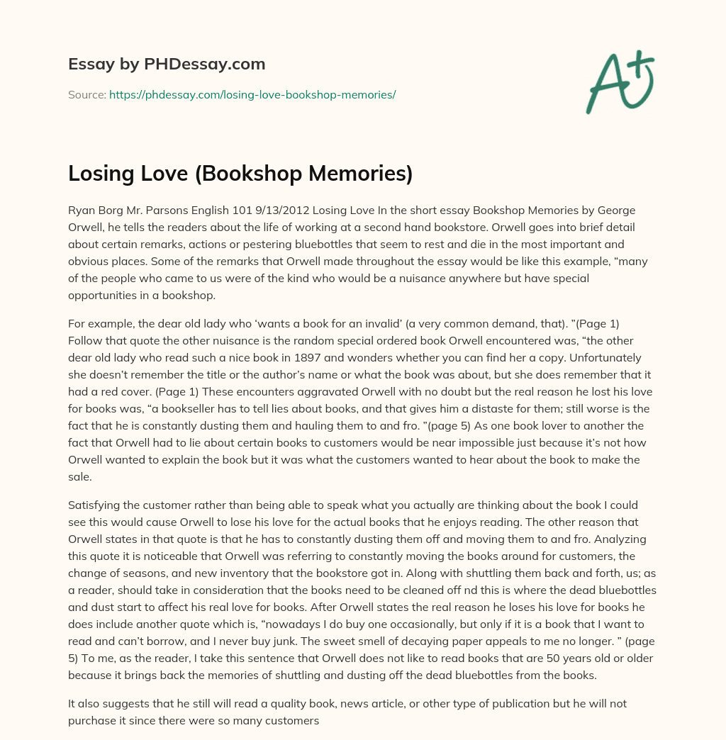 Losing Love (Bookshop Memories) Summary Essay Example (600 Words) - PHDessay.com