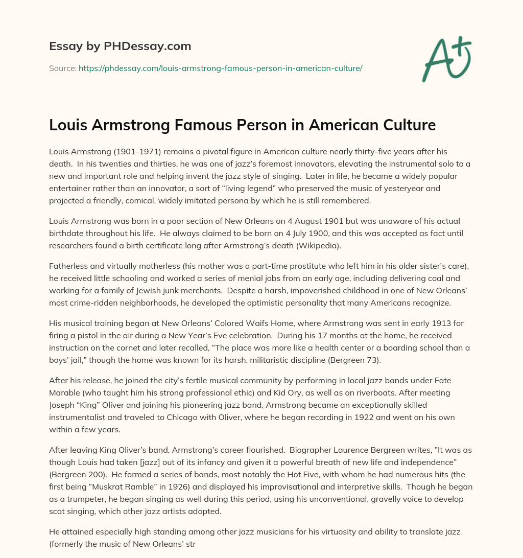 Louis Armstrong Famous Person In American Culture Research Essay Sample ...