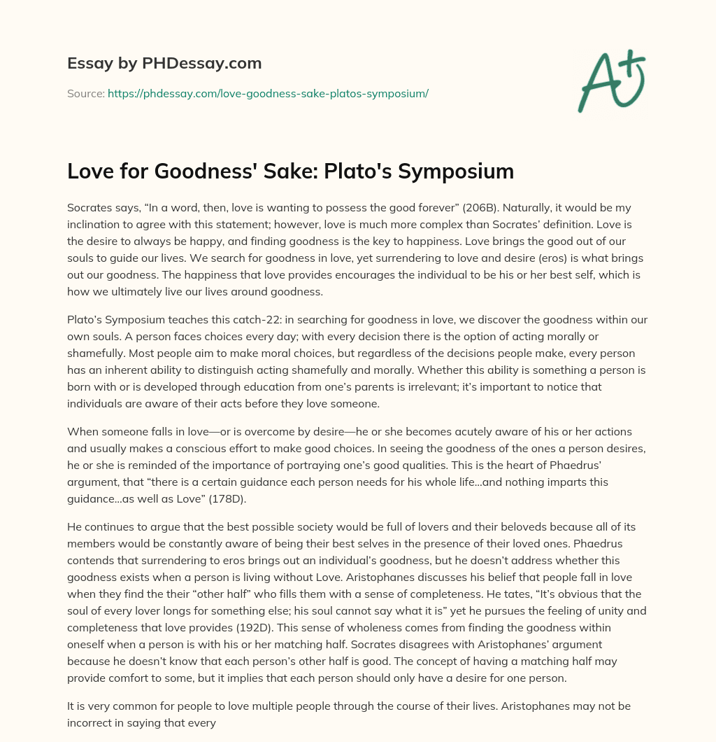 Love For Goodness' Sake: Plato'S Symposium Essay Example - PHDessay.com