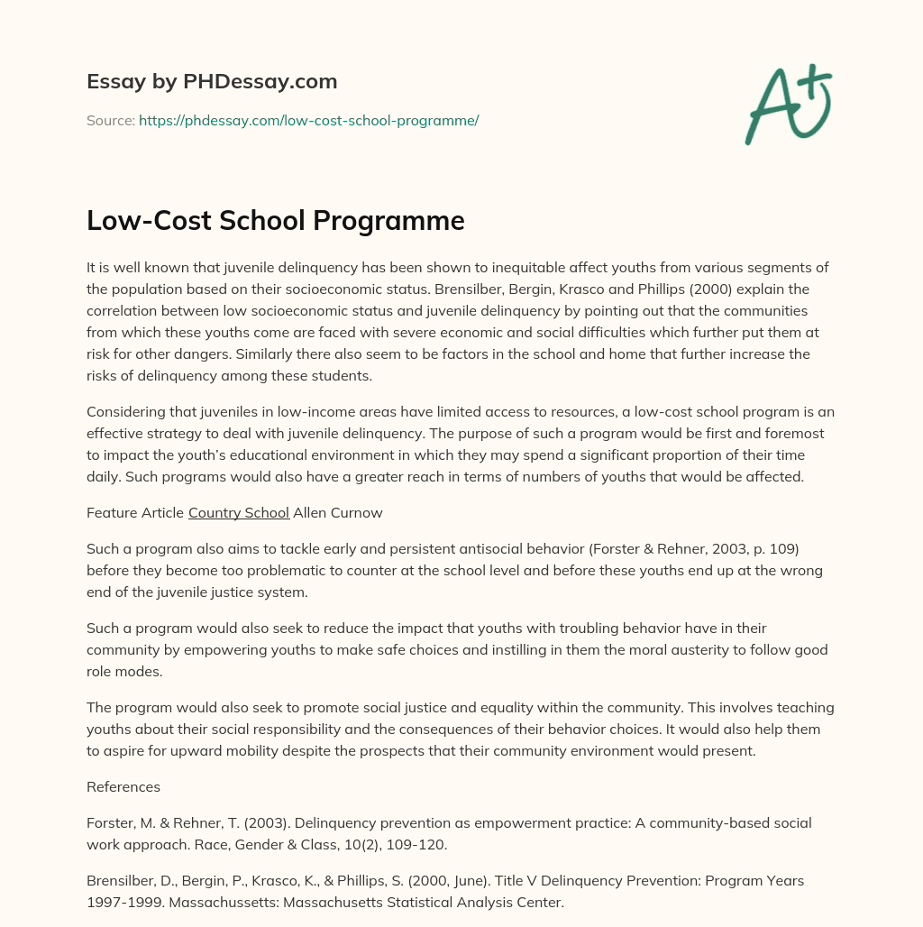 Low-Cost School Programme (300 Words) - PHDessay.com