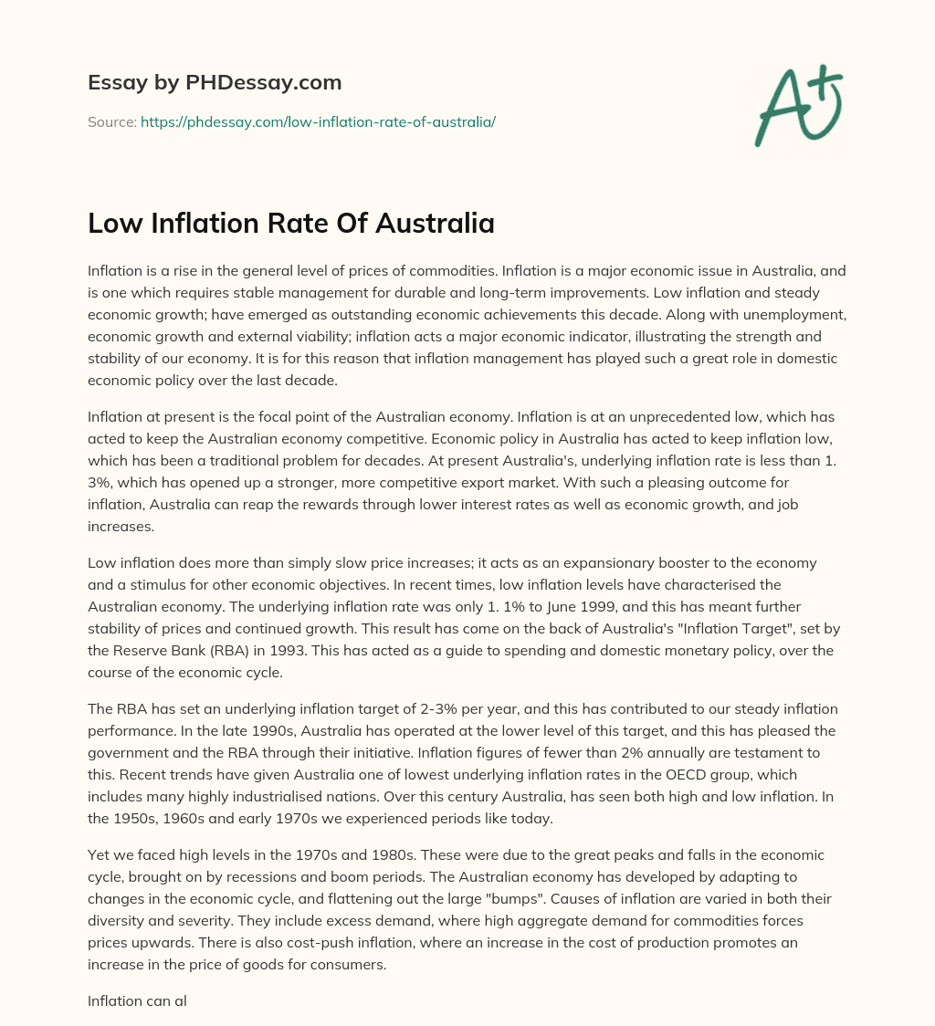 Low Inflation Rate Of Australia - PHDessay.com