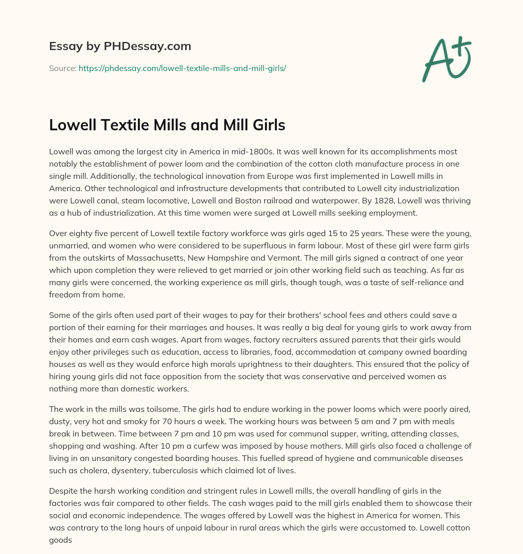 Lowell Textile Mills and Mill Girls (500 Words) - PHDessay.com