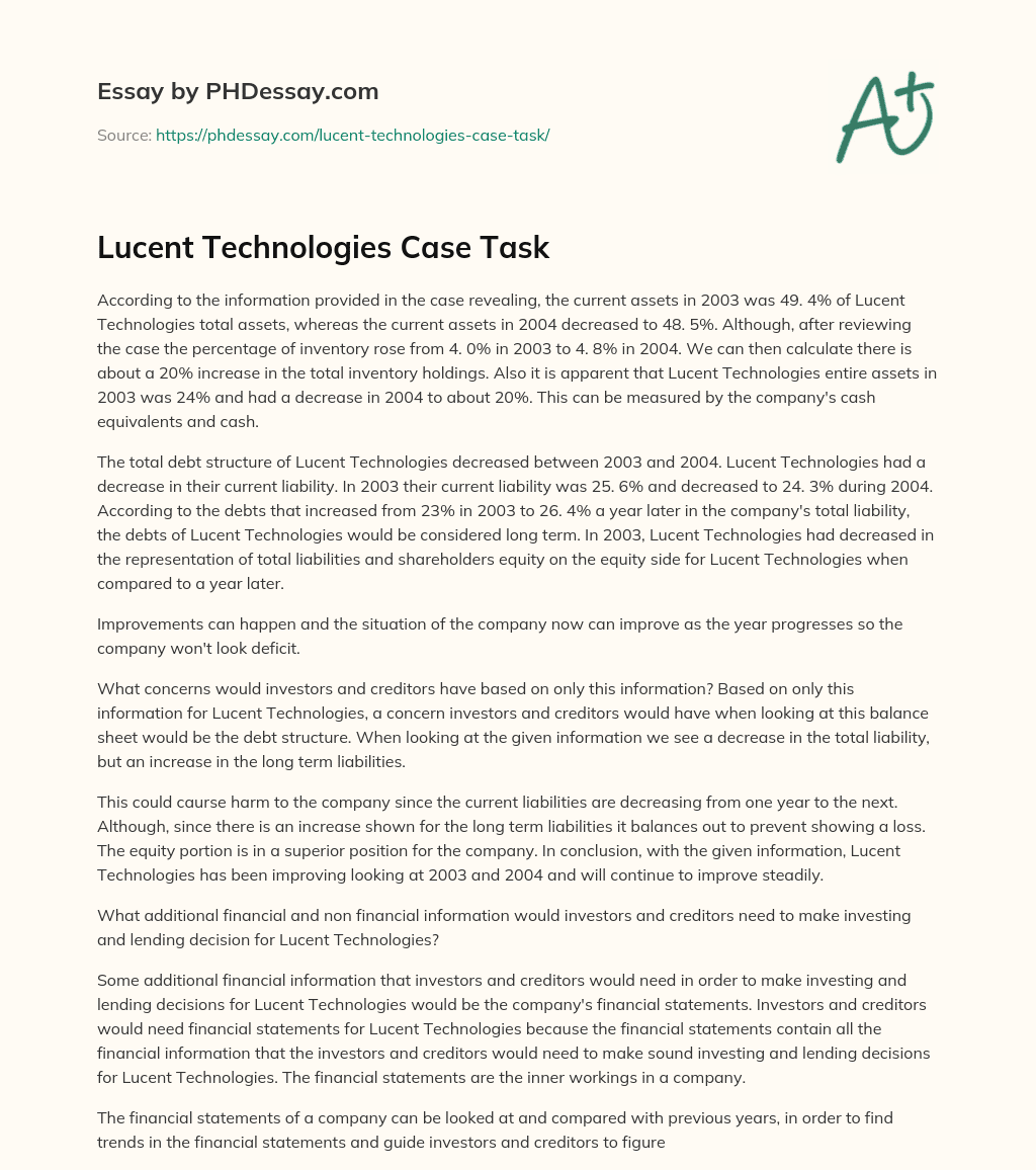 Lucent Technologies Case Task (500 Words) - PHDessay.com