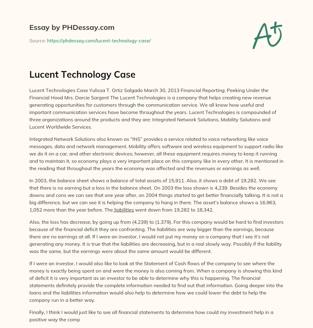 Lucent Technology Case (600 Words) - PHDessay.com