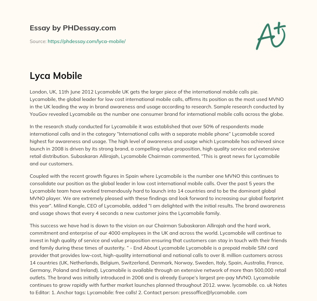 Lyca Mobile (400 Words) - PHDessay.com