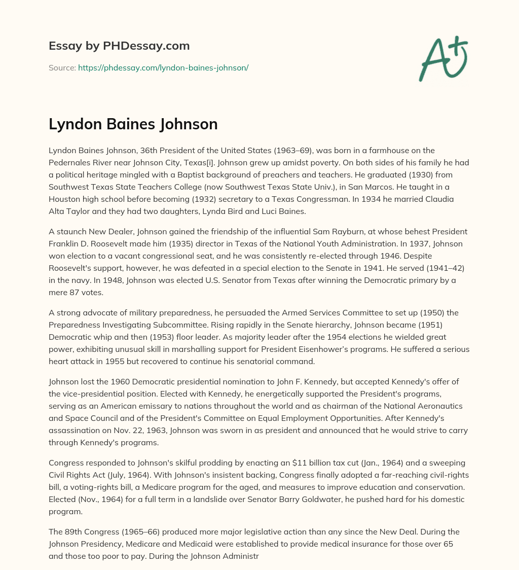 Lyndon Baines Johnson - PHDessay.com