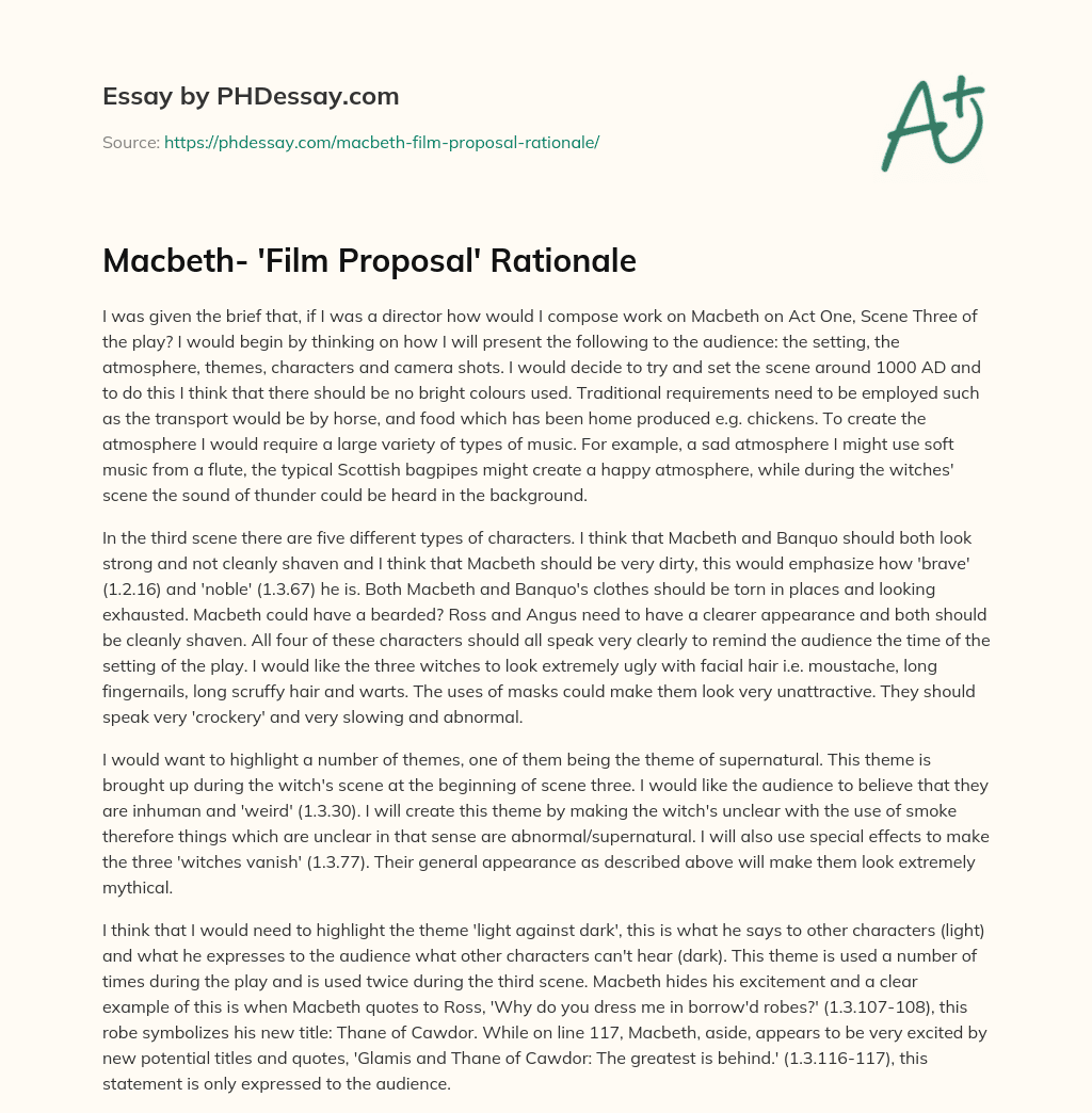 Macbeth- 'Film Proposal' Rationale (500 Words) - PHDessay.com