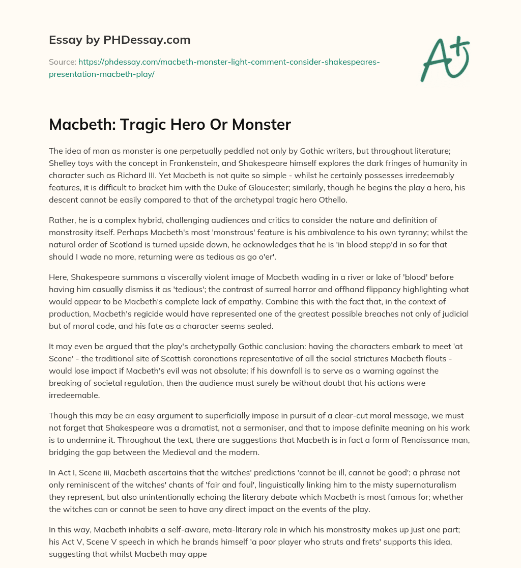 Macbeth: Tragic Hero Or Monster - PHDessay.com