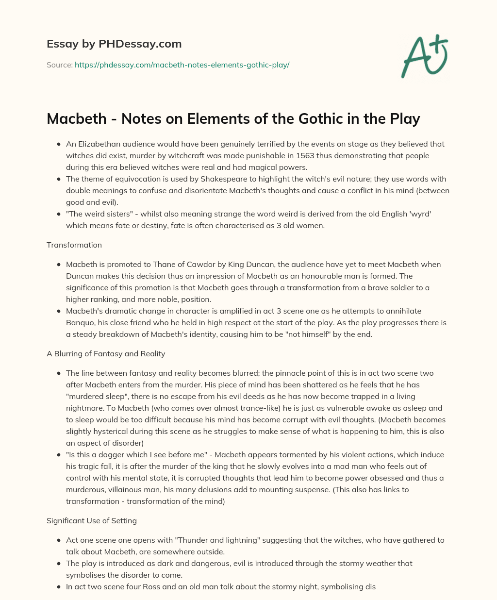 Macbeth - Notes on Elements of the Gothic in the Play (600 Words ...