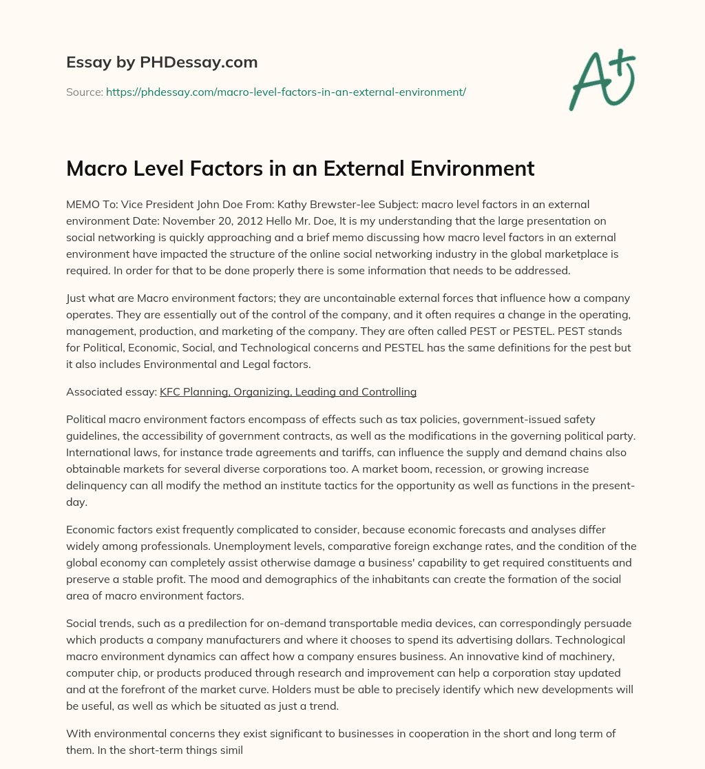 Macro Level Factors in an External Environment (600 Words) - PHDessay.com