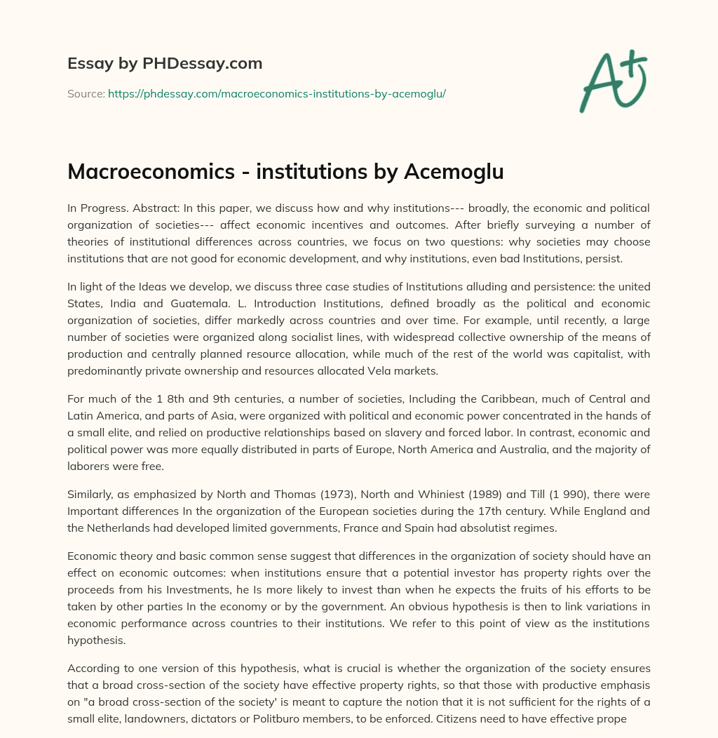 Macroeconomics - institutions by Acemoglu - PHDessay.com