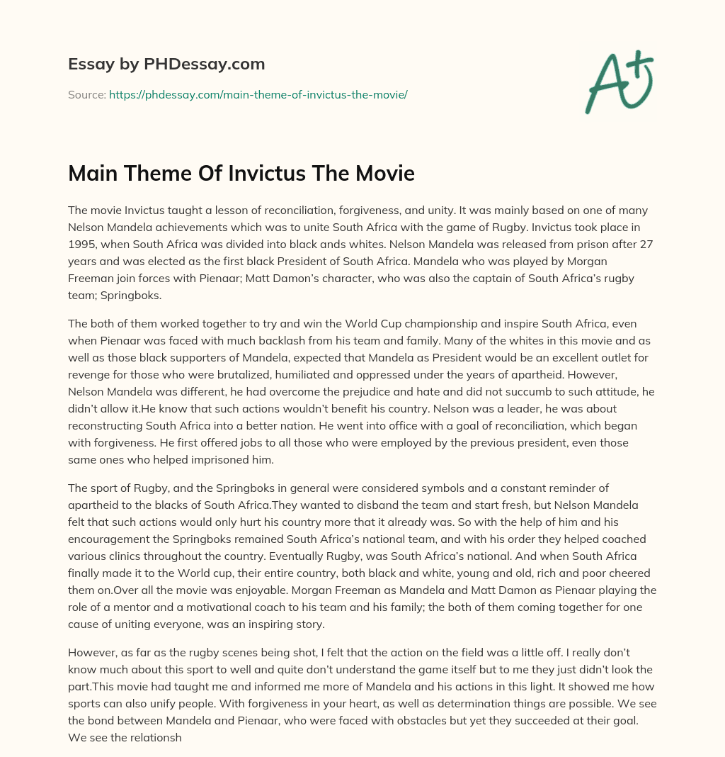 Main Theme Of Invictus The Movie - PHDessay.com