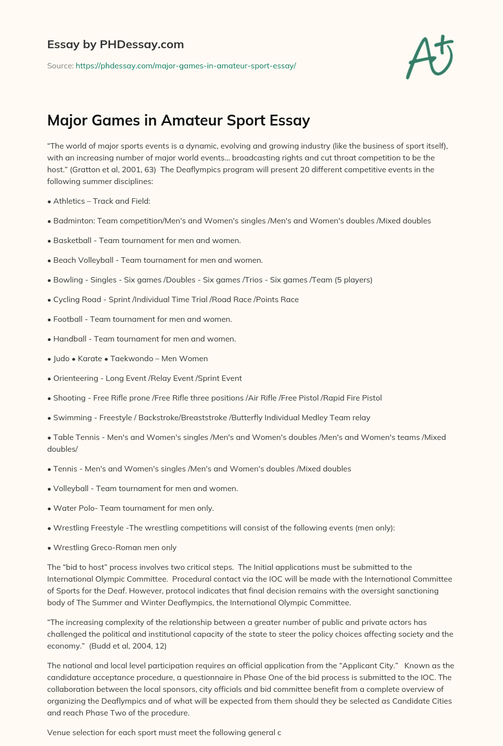 Major Games in Amateur Sport Essay - PHDessay.com