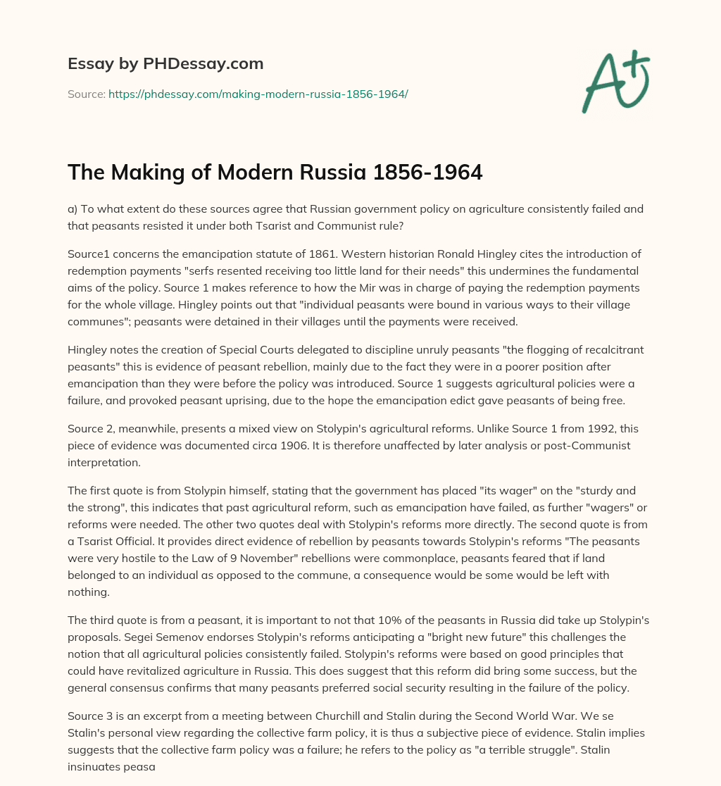 The Making of Modern Russia 1856-1964 - PHDessay.com