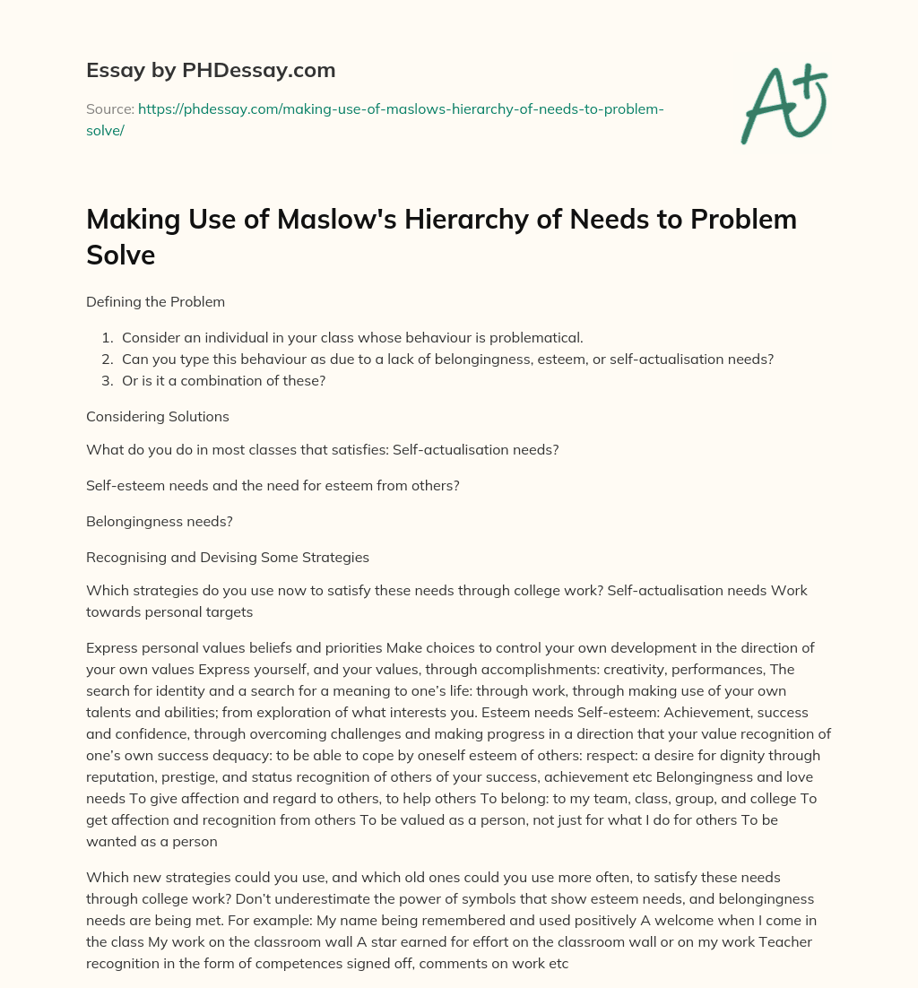 Making Use of Maslow's Hierarchy of Needs to Problem Solve (300 Words ...