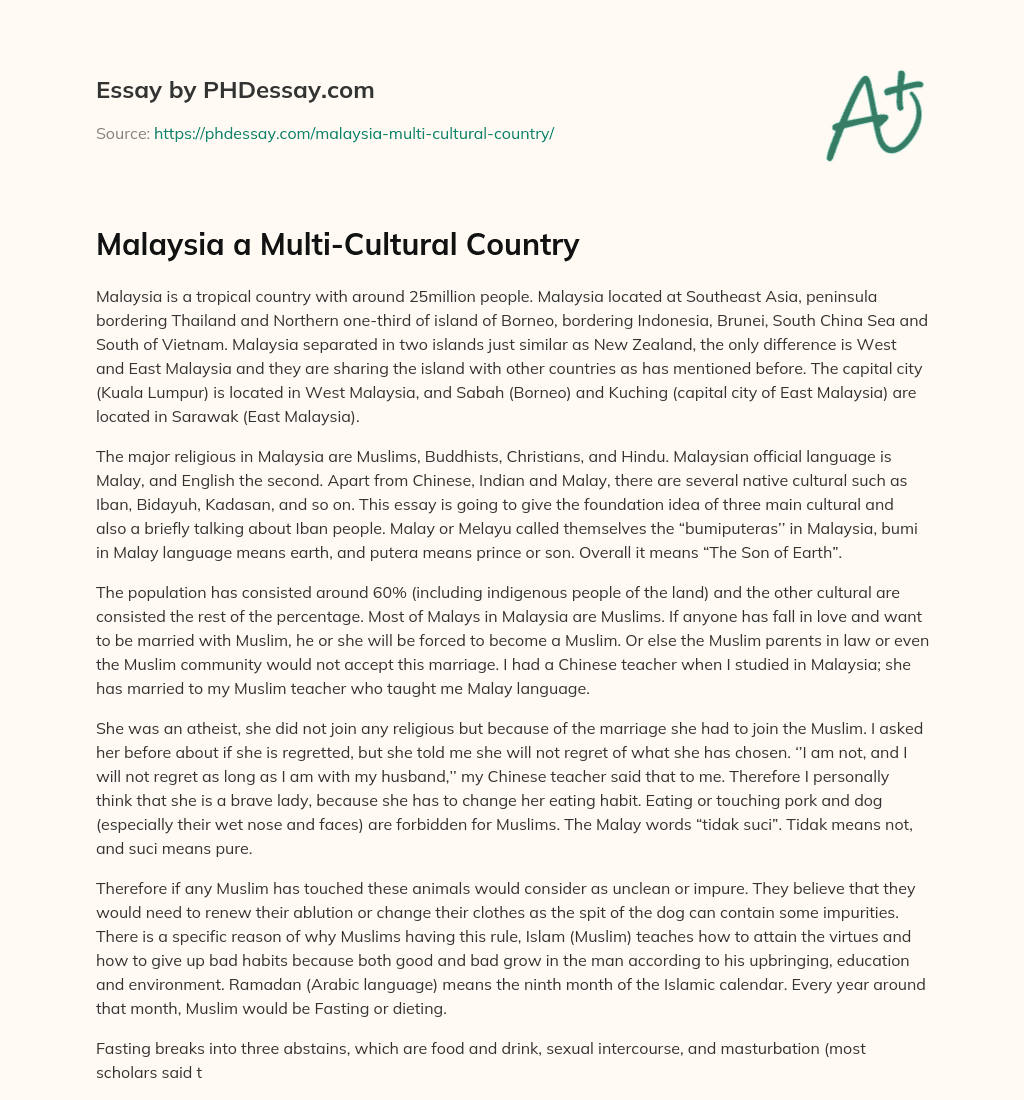 Malaysia a Multi-Cultural Country - PHDessay.com