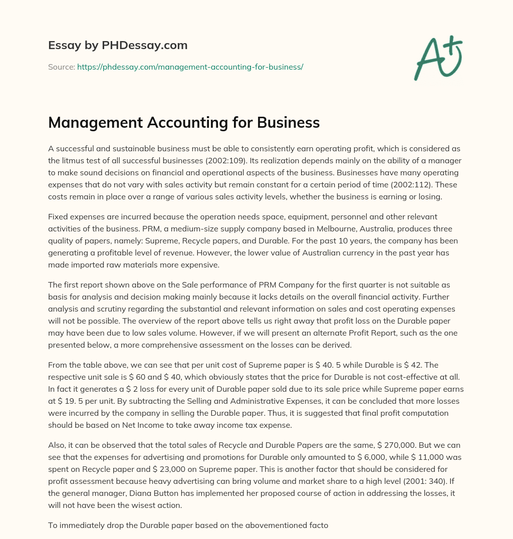 Management Accounting for Business - PHDessay.com