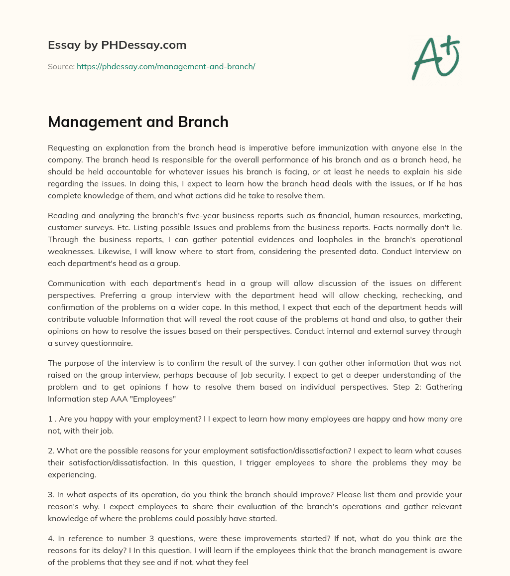 Management and Branch - PHDessay.com
