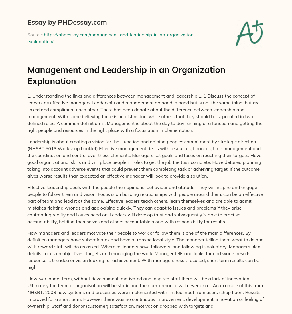Management and Leadership in an Organization Explanation - PHDessay.com