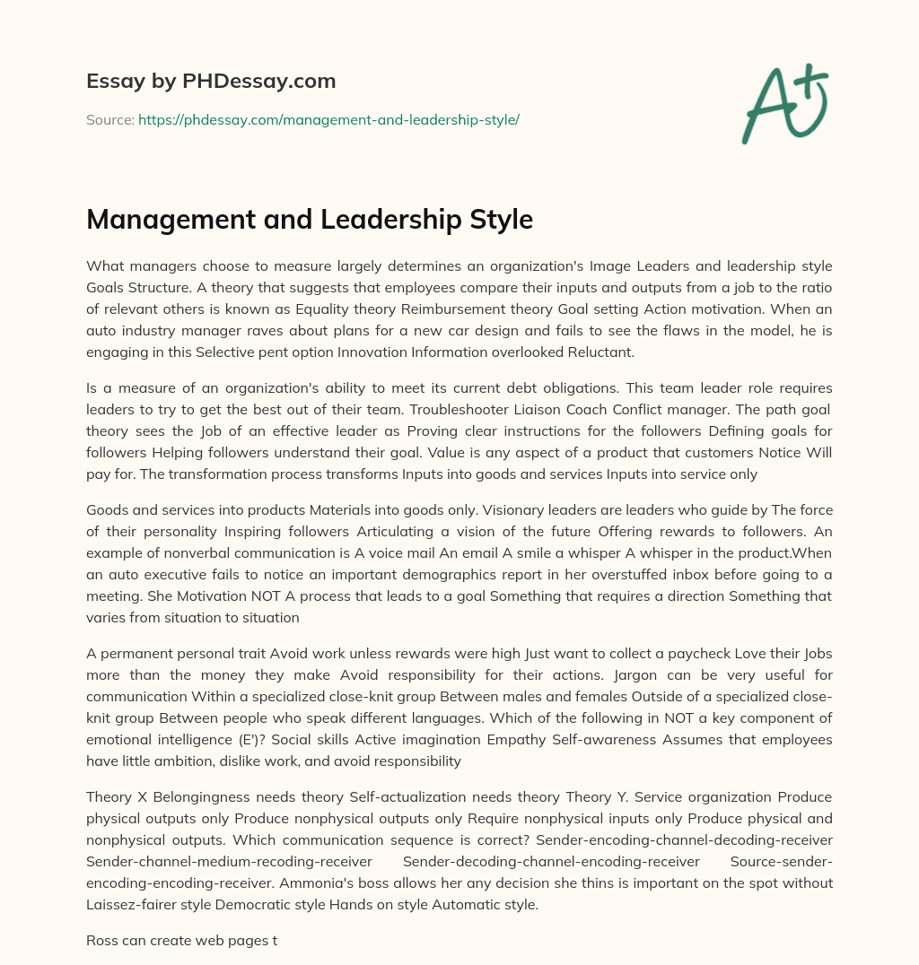 Management And Leadership Style Report Example - PHDessay.com