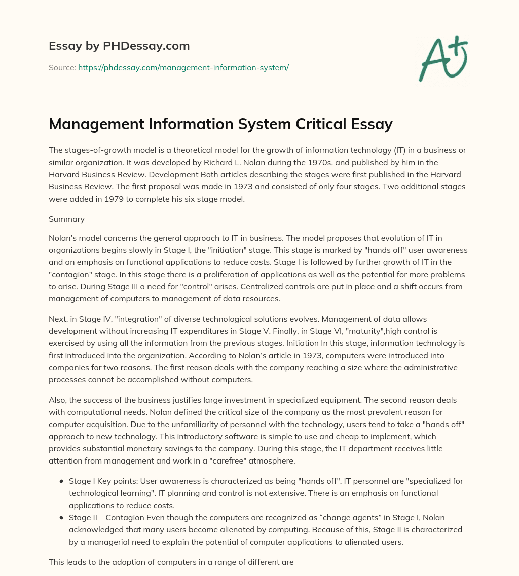 Management Information System Critical Essay - PHDessay.com