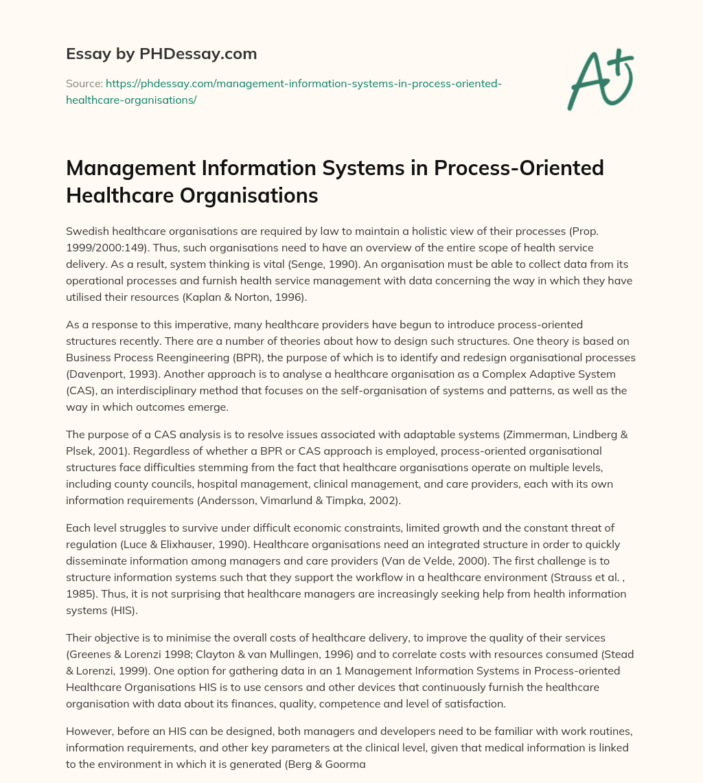 Management Information Systems in Process-Oriented Healthcare Organisations - PHDessay.com
