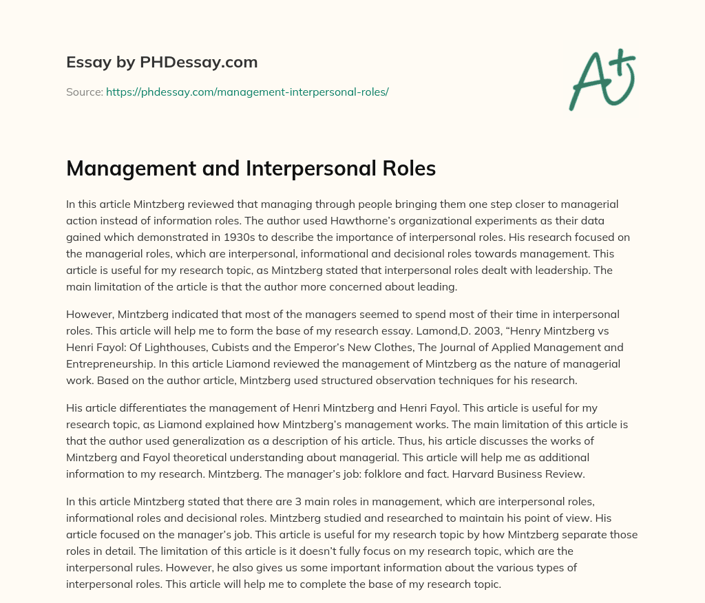 Management and Interpersonal Roles (300 Words) - PHDessay.com