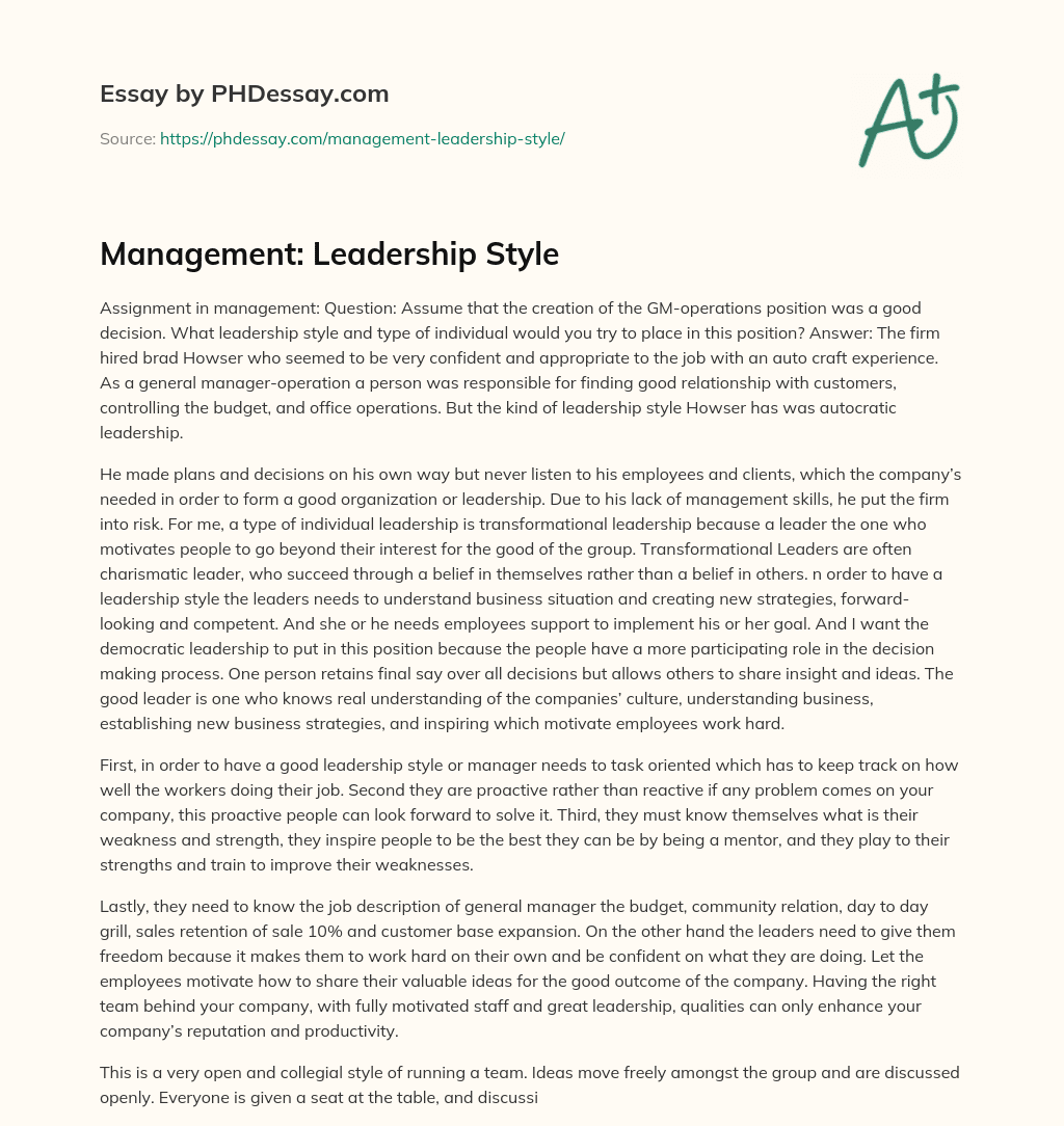 Management: Leadership Style (600 Words) - PHDessay.com