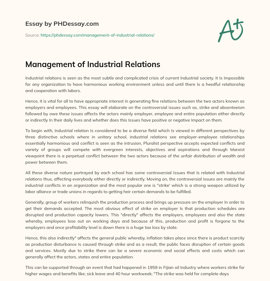Management of Industrial Relations - PHDessay.com