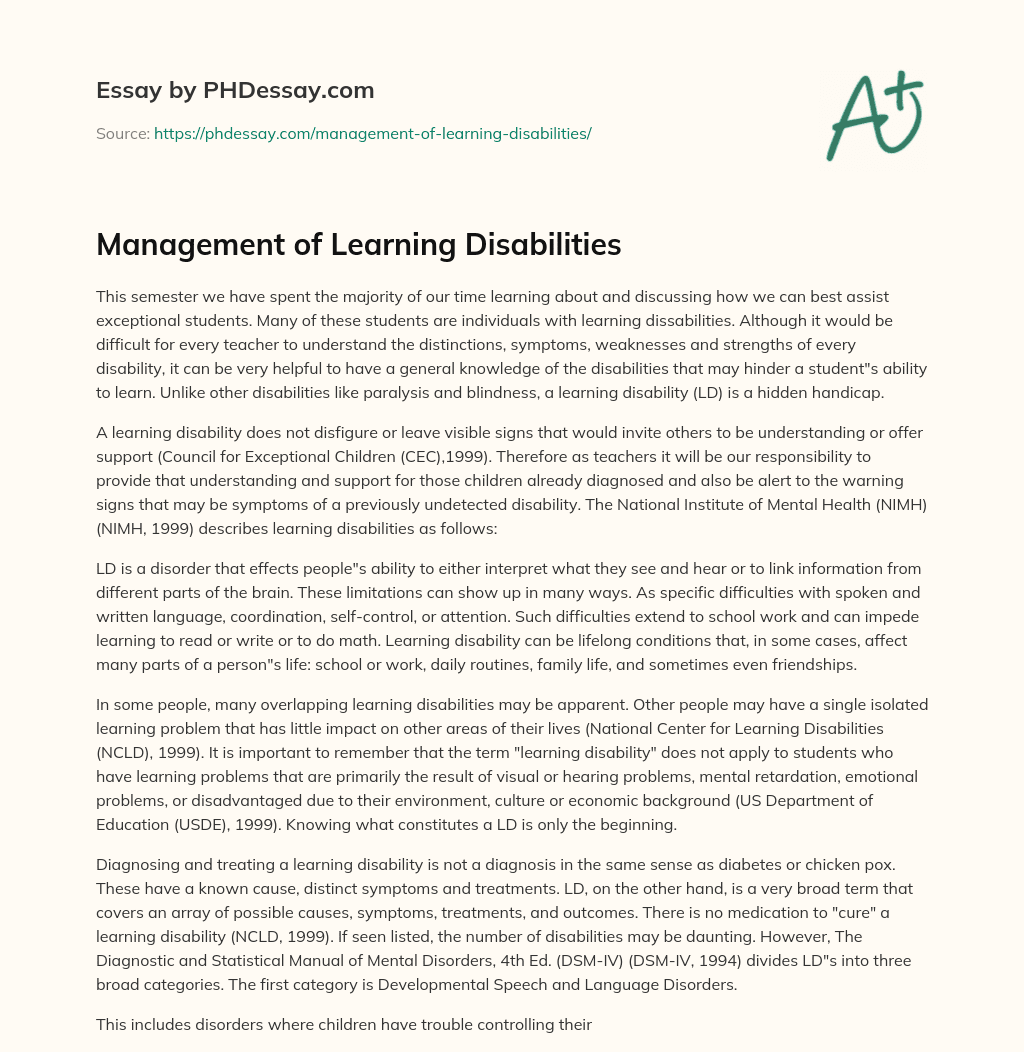Management of Learning Disabilities - PHDessay.com