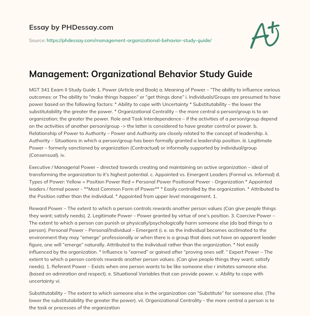 Management: Organizational Behavior Study Guide - PHDessay.com