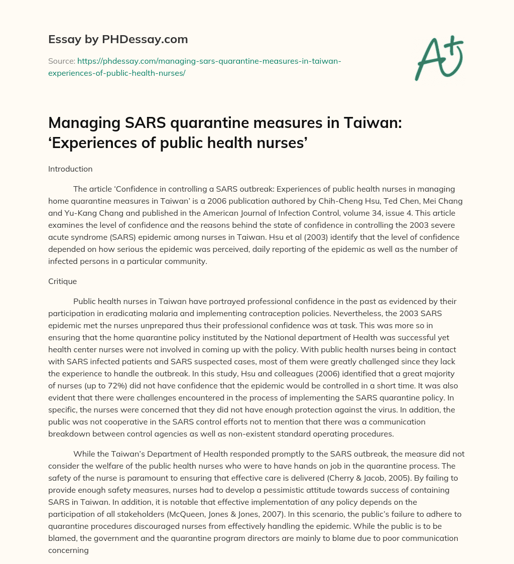 Managing SARS quarantine measures in Taiwan: ‘Experiences of public ...
