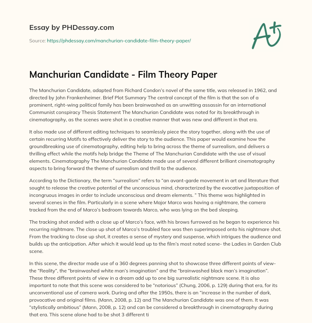 Manchurian Candidate - Film Theory Paper - PHDessay.com