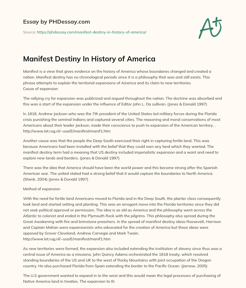 Manifest Destiny In History of America - PHDessay.com