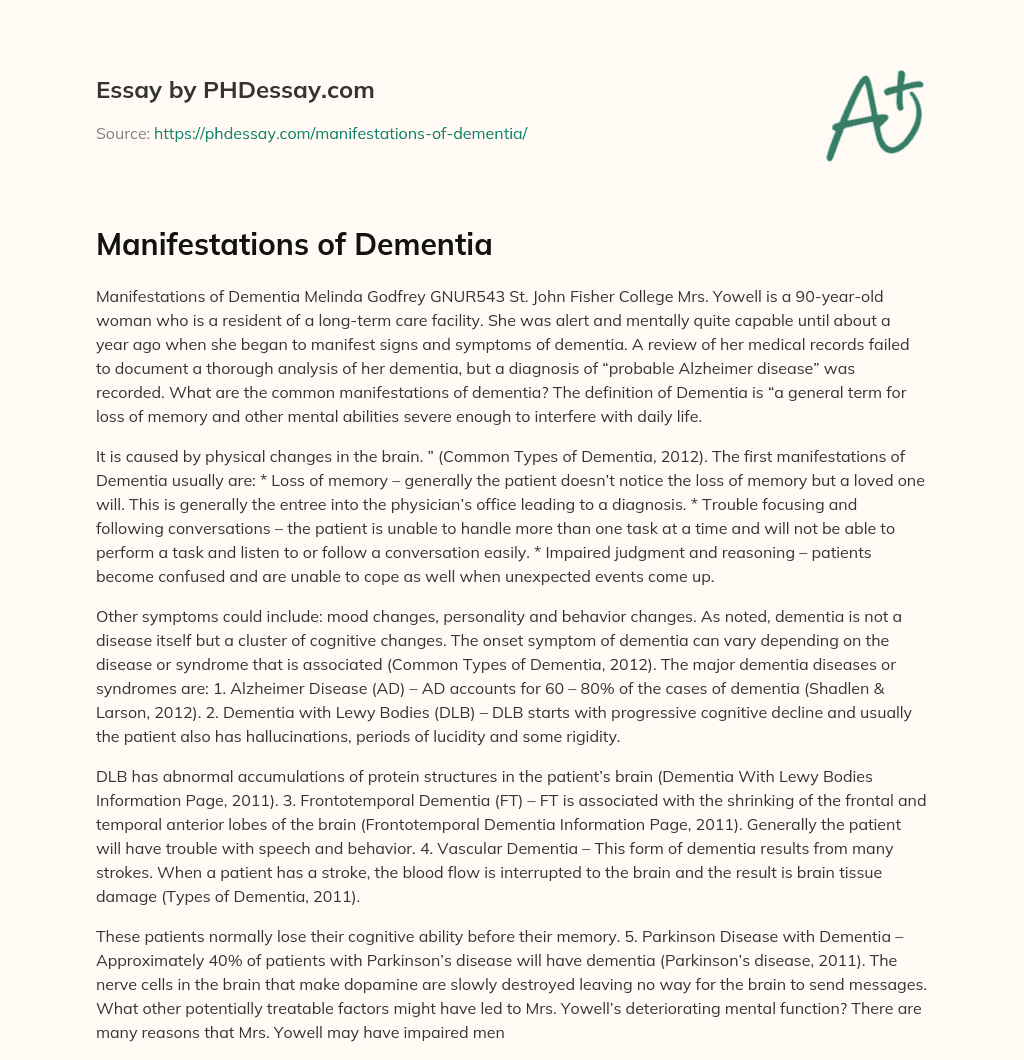 Manifestations of Dementia - PHDessay.com