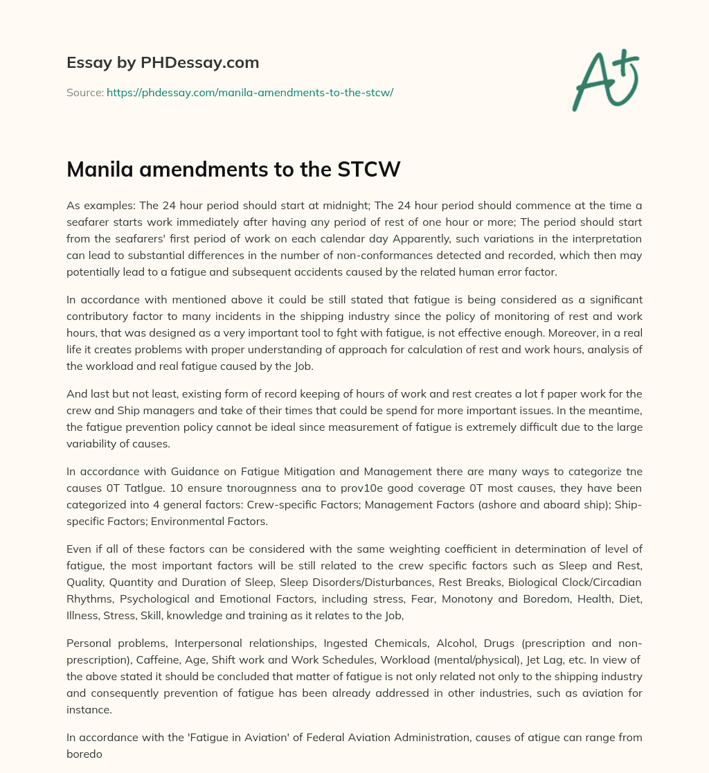 Manila amendments to the STCW - PHDessay.com