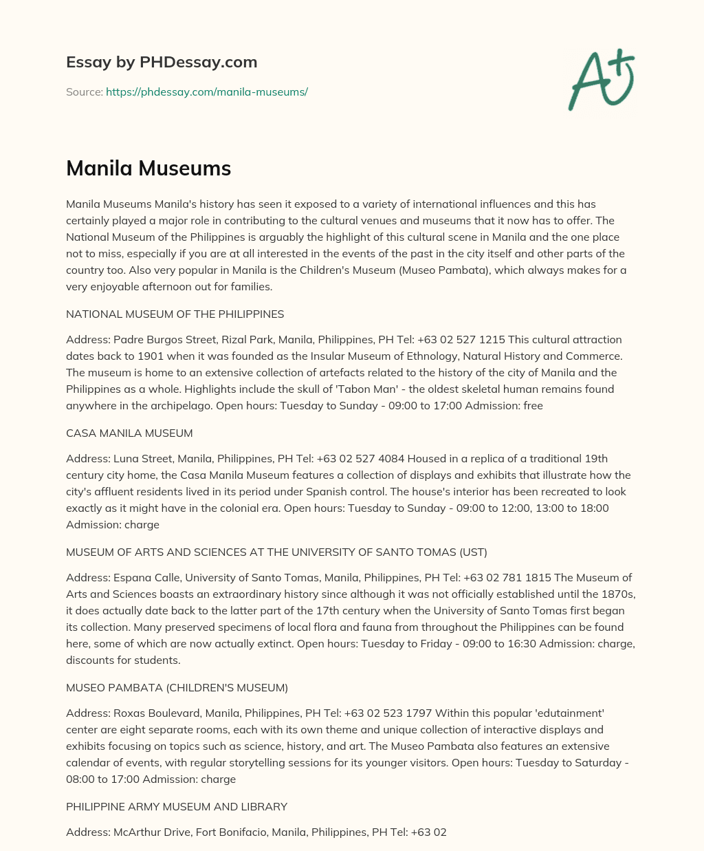 Manila Museums - PHDessay.com