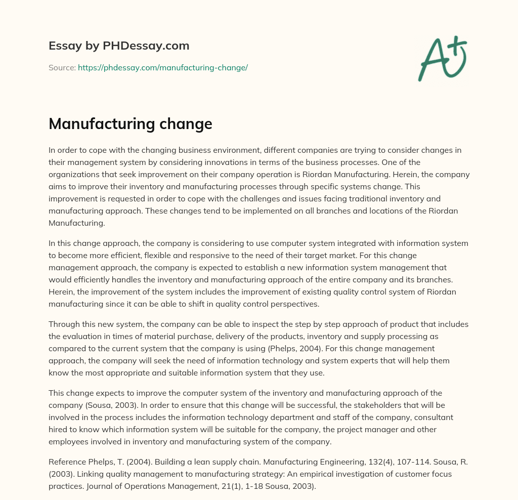 Manufacturing change (400 Words) - PHDessay.com
