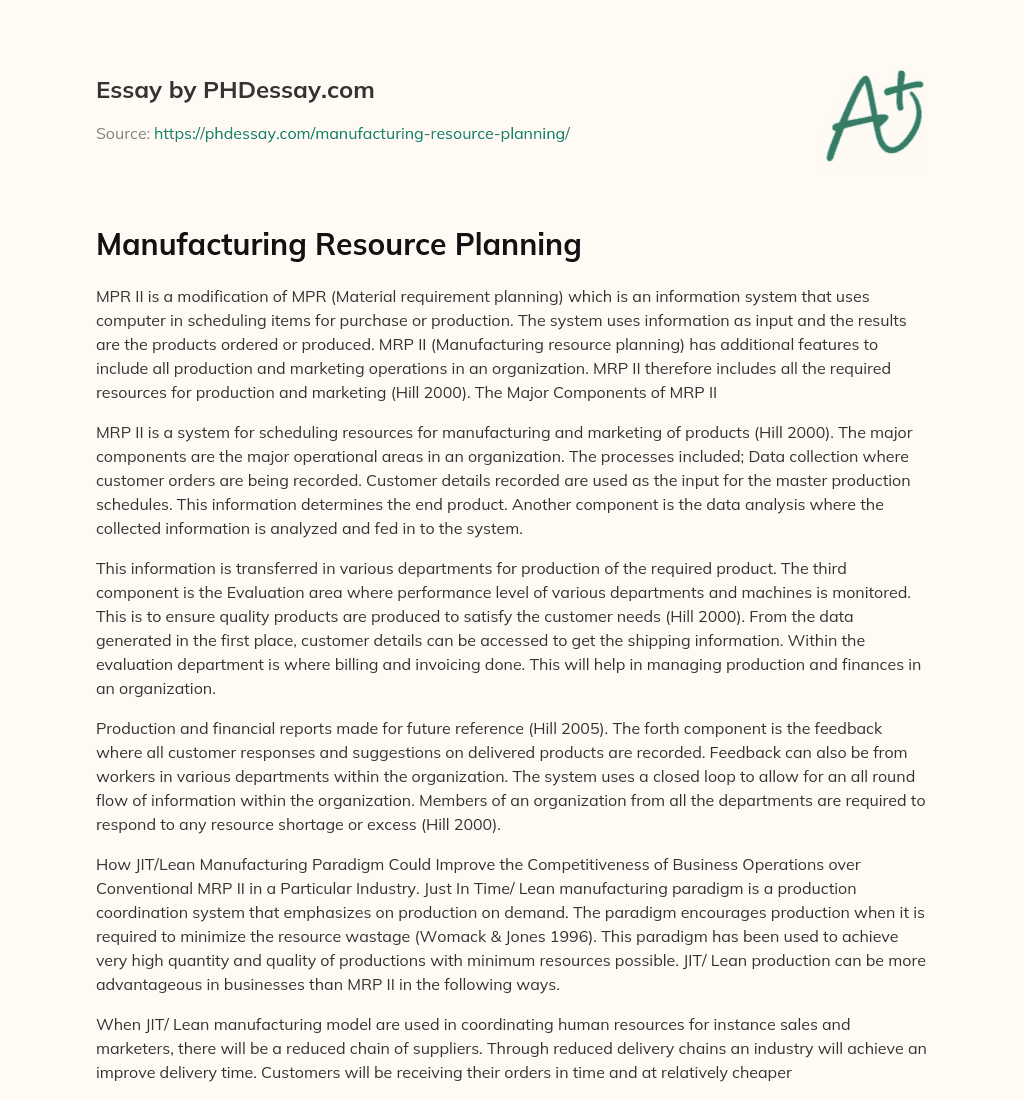 Manufacturing Resource Planning (600 Words) - PHDessay.com