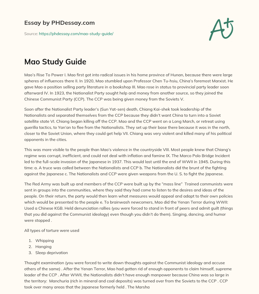 Mao Study Guide - PHDessay.com