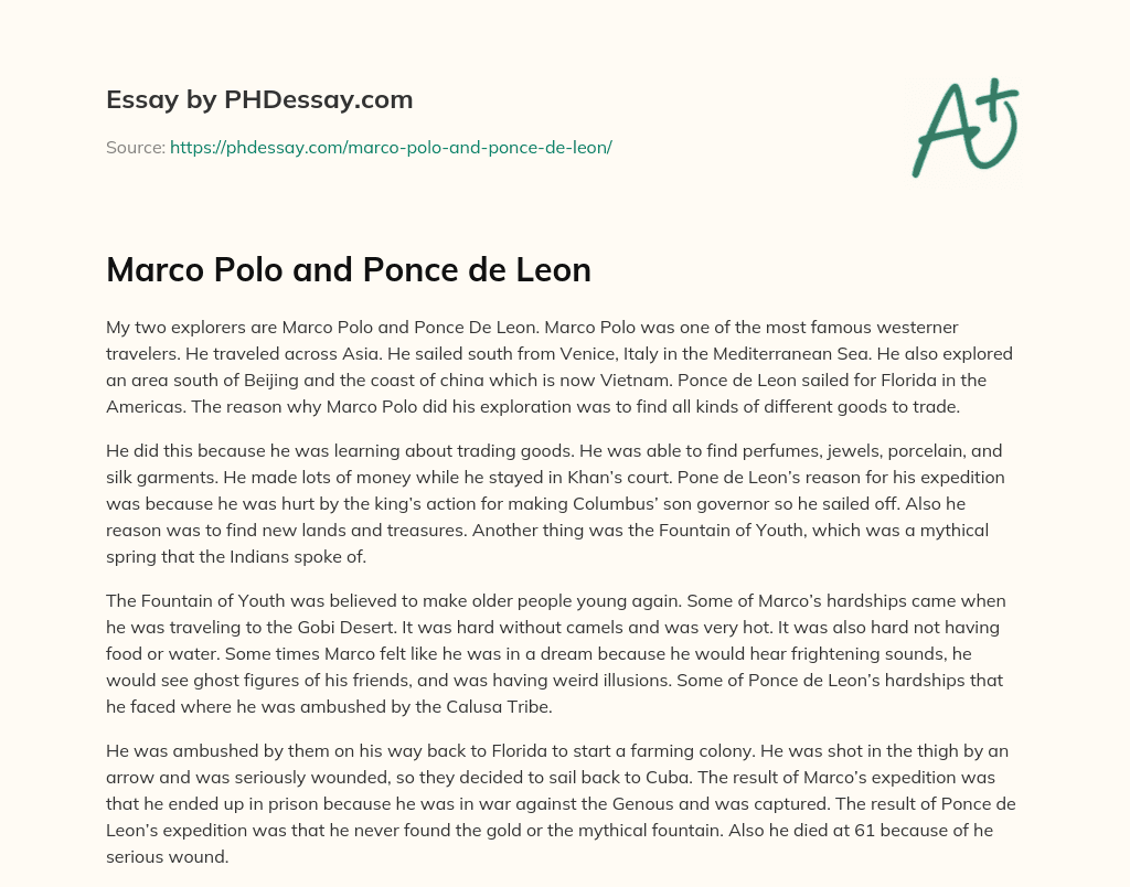 Marco Polo and Ponce de Leon (300 Words) - PHDessay.com