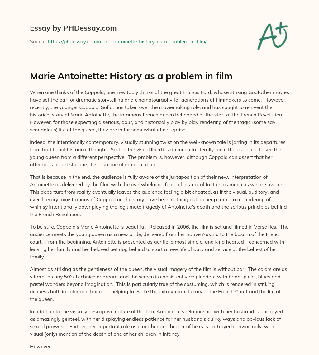 Marie Antoinette: History as a problem in film - PHDessay.com