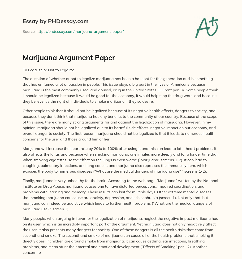 Marijuana Argument Paper - PHDessay.com