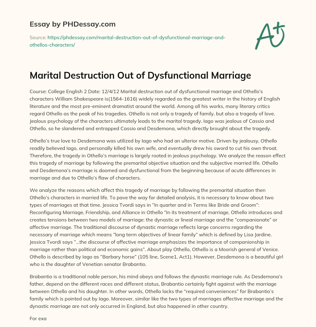 Marital Destruction Out of Dysfunctional Marriage - PHDessay.com
