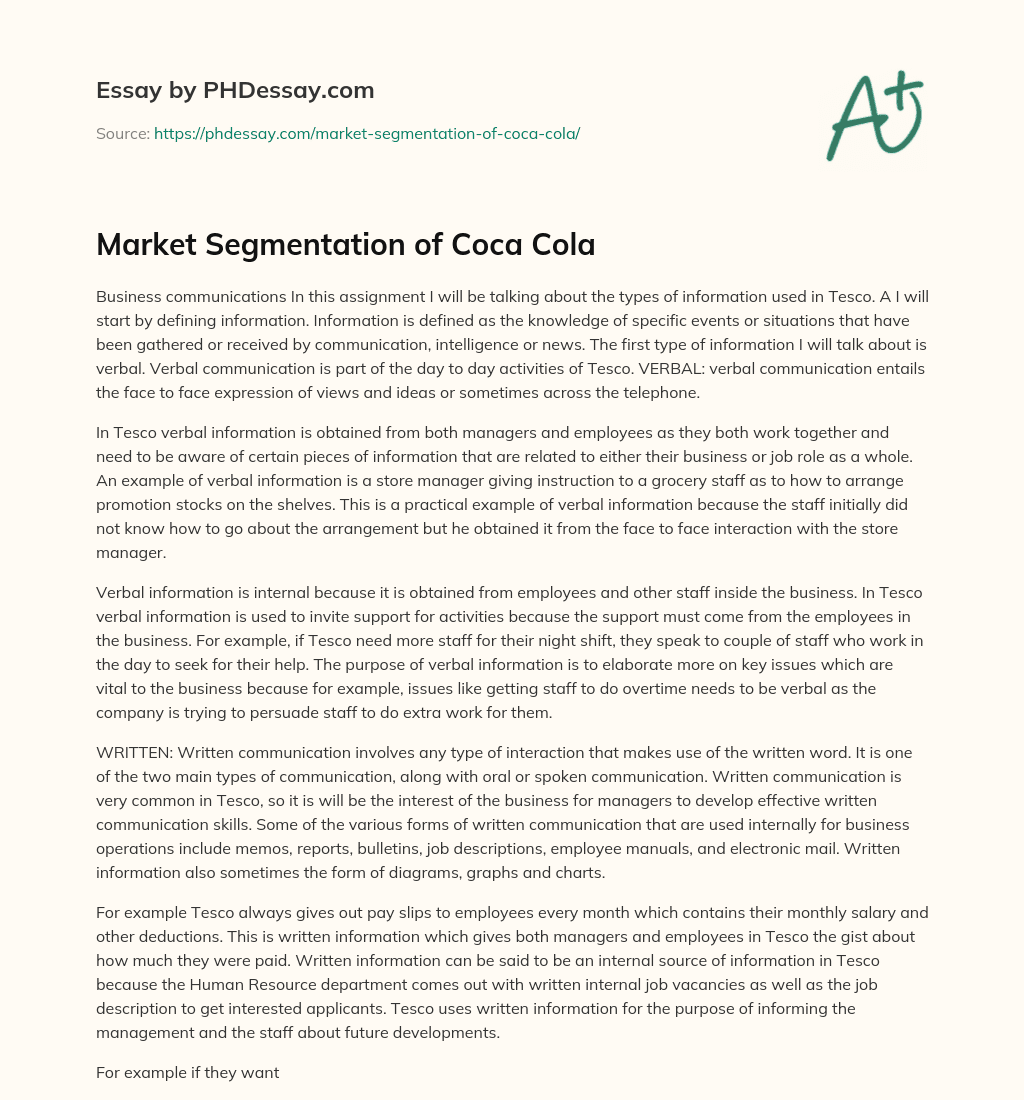 Market Segmentation of Coca Cola - PHDessay.com