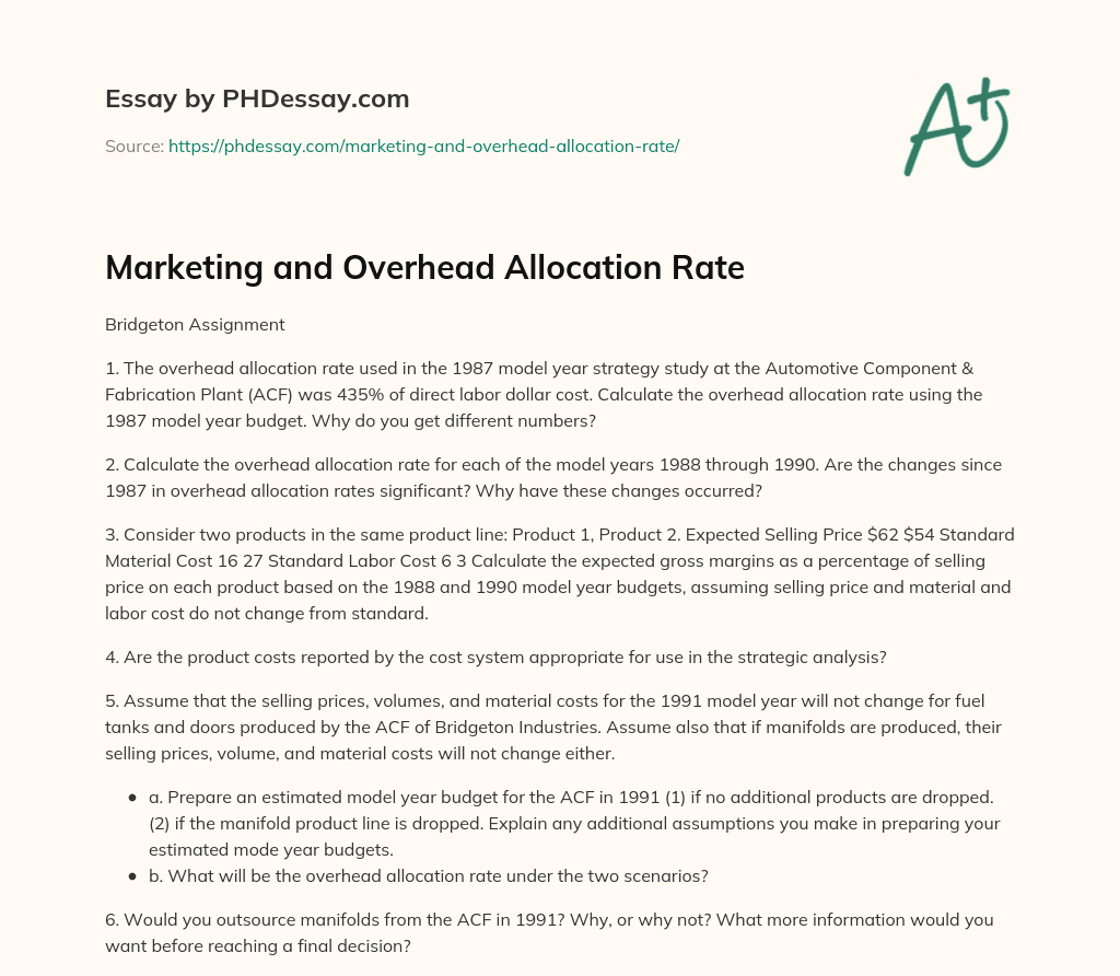 Marketing and Overhead Allocation Rate (300 Words) - PHDessay.com