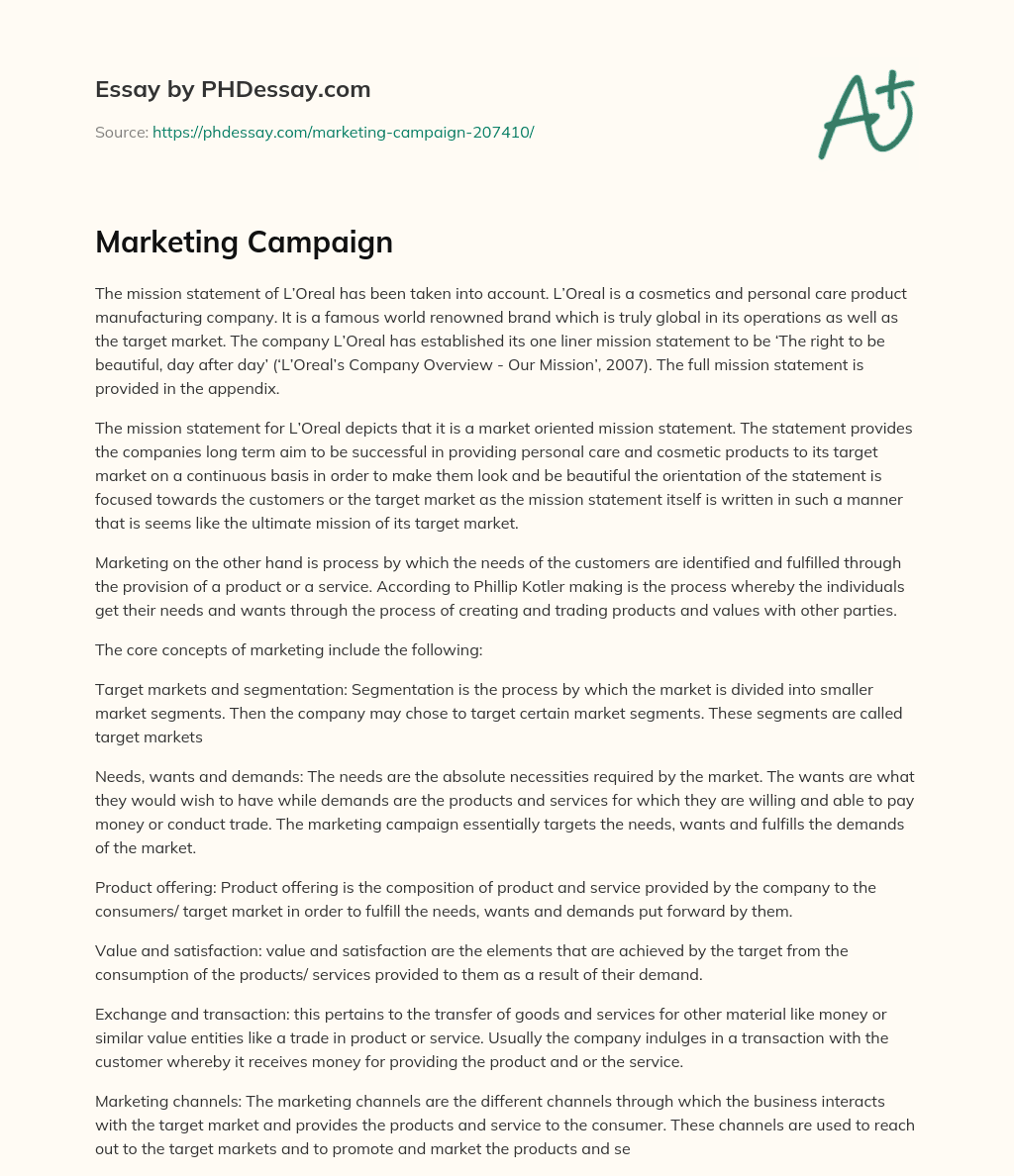 Marketing Campaign (600 Words) - PHDessay.com
