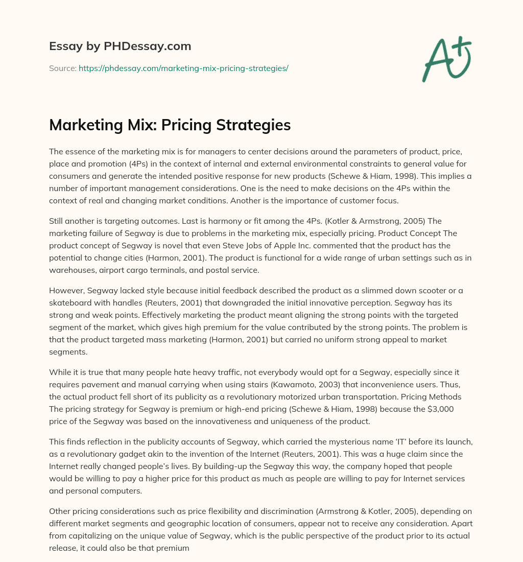 Marketing Mix: Pricing Strategies (600 Words) - PHDessay.com