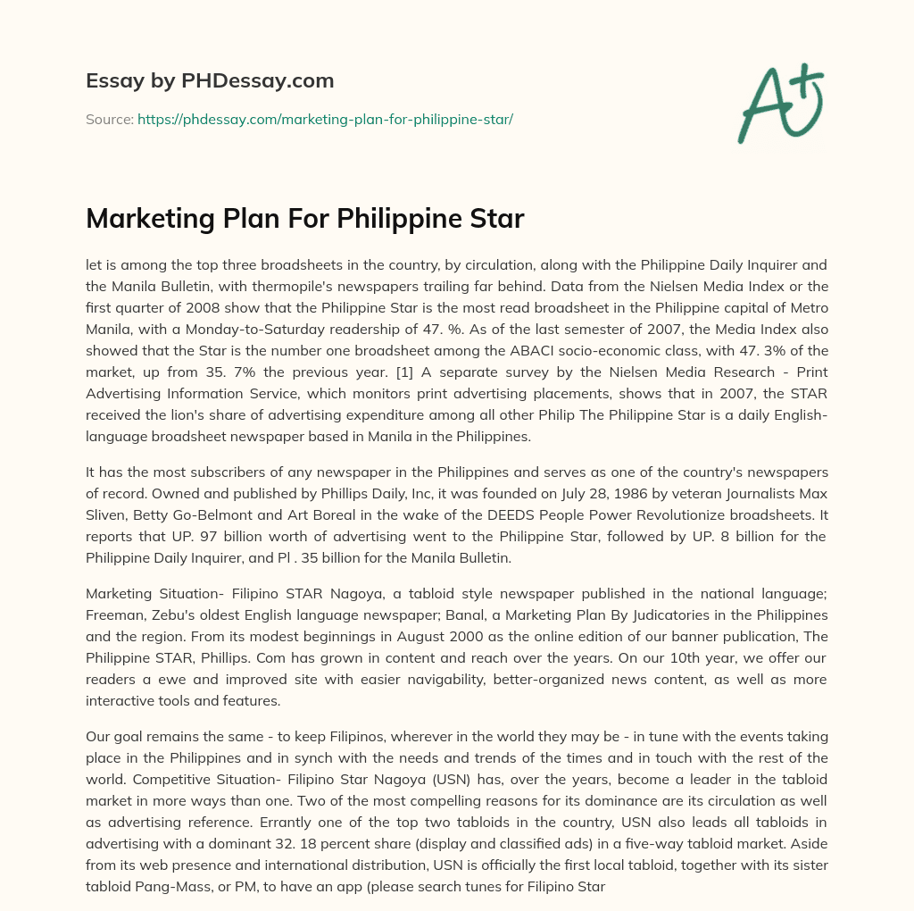 Marketing Plan For Philippine Star (500 Words) - PHDessay.com